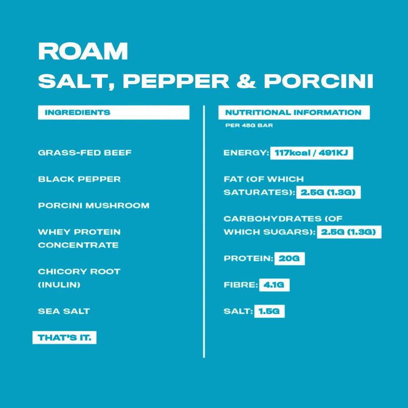 Grass Fed Beef Protein Bars | Salt, Pepper & Porcini | ROAM Foods ...
